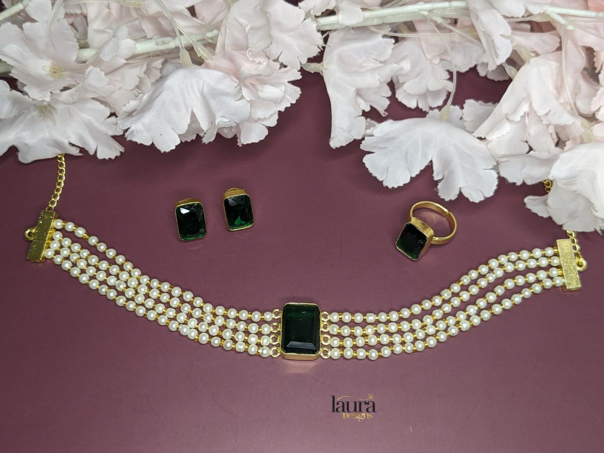Neysa Pearl Layer Choker Set With Dark Blue Stone - Laura Designs™ (India)
