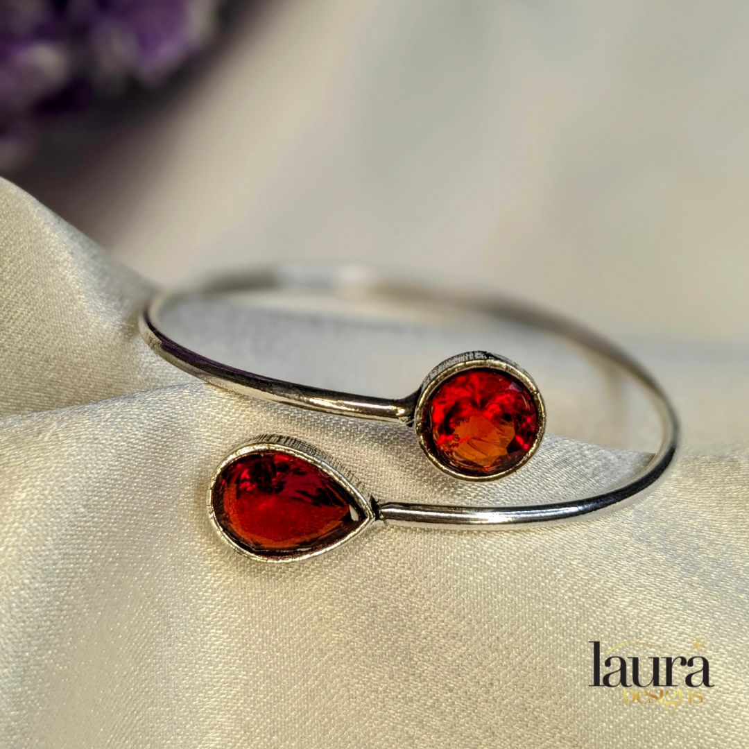 Nayana Adjustable Silver Polished Red Stone Bangle - Laura Designs™ (India)